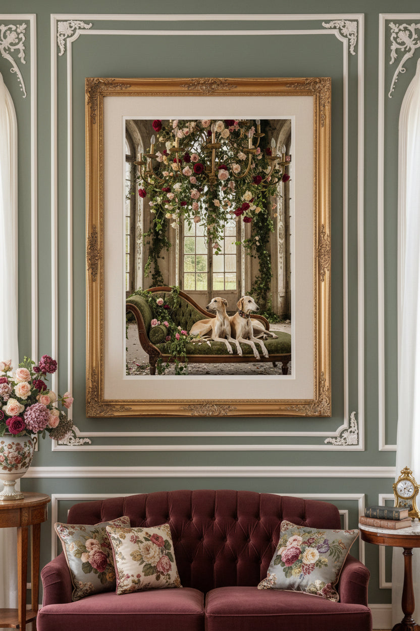 Graceful White Hounds in Opulent Floral Reverie – Pomp & Pedigree